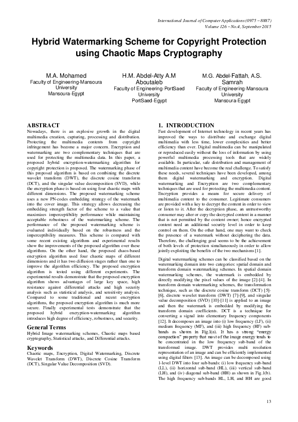 (PDF) Hybrid Watermarking Scheme for Copyright Protection using Chaotic Maps Cryptography