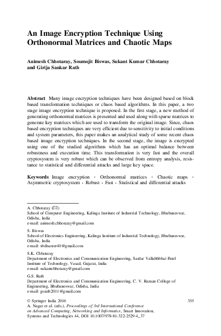 (PDF) An Image Encryption Technique Using Orthonormal Matrices and Chaotic Maps