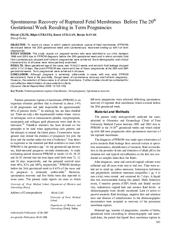 (PDF) Spontaneous Recovery of Ruptured Fetal Membranes Before The 20th ...