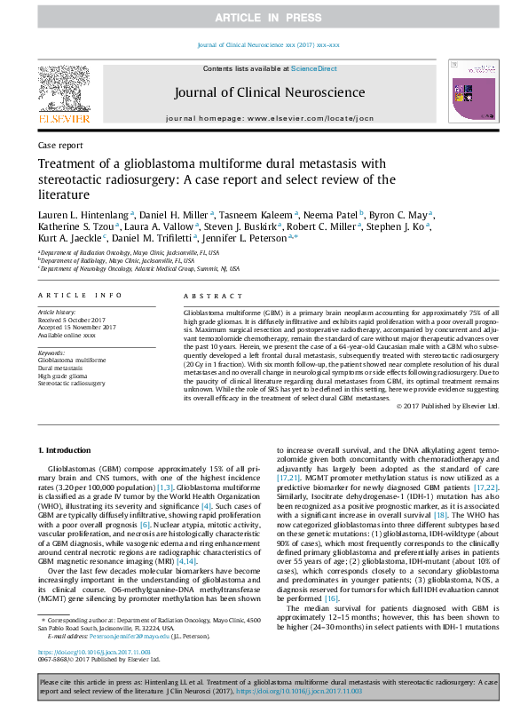 (PDF) Treatment of a glioblastoma multiforme dural metastasis with stereotactic radiosurgery: A ...