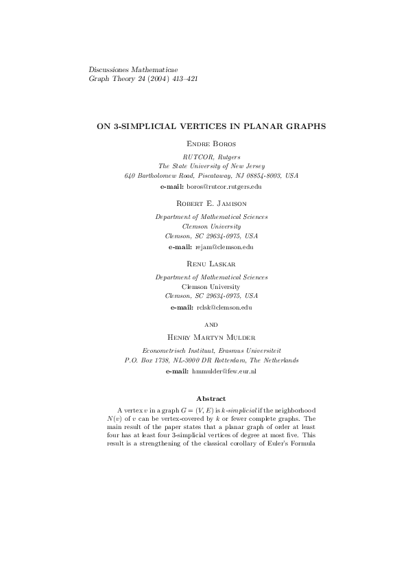 (PDF) On 3-simplicial vertices in planar graphs | Robert Jamison - Academia.edu