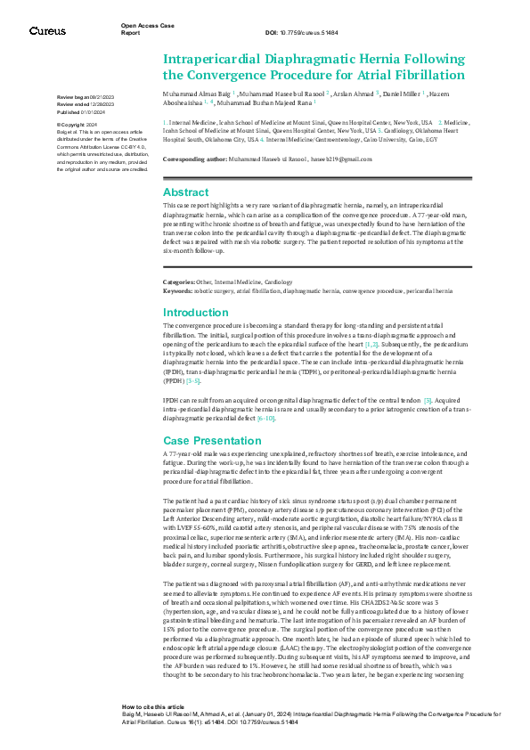 (PDF) Intrapericardial Diaphragmatic Hernia Following the Convergence Procedure for Atrial ...