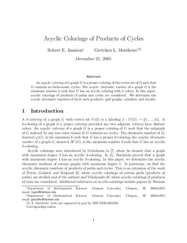 (PDF) Acyclic Colorings of Products of Cycles | Robert Jamison - Academia.edu