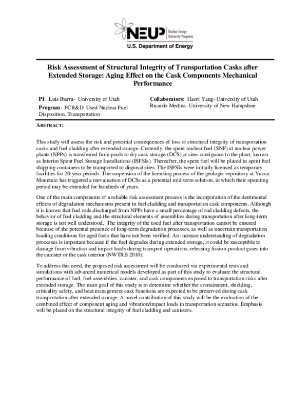 (PDF) Risk Assessment of Structural Integrity of Transportation Casks after Extended Storage