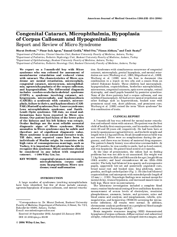 (PDF) Congenital cataract, microphthalmia, hypoplasia of corpus callosum and hypogenitalism ...
