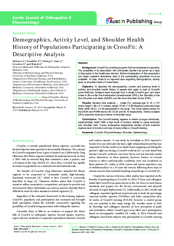 (PDF) Demographics, Activity Level, and Shoulder Health History of ...