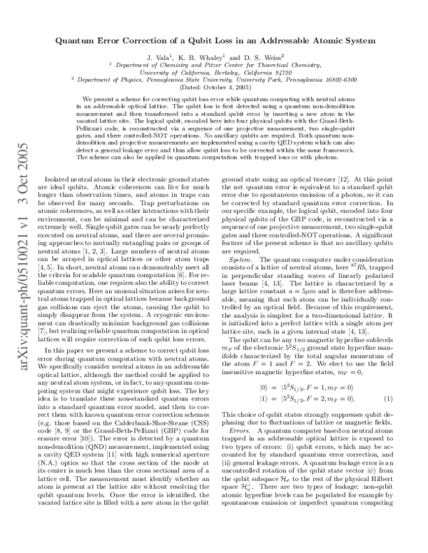 (PDF) Quantum error correction of a qubit loss in an addressable atomic system