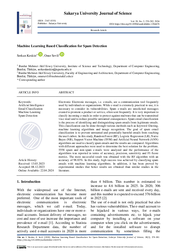 Pdf Machine Learning Based Classification For Spam Detection