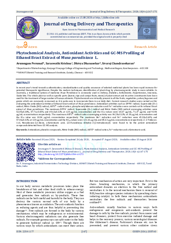 (PDF) Phytochemical Analysis, Antioxidant Activities and GC-MS Profiling of Ethanol Bract ...