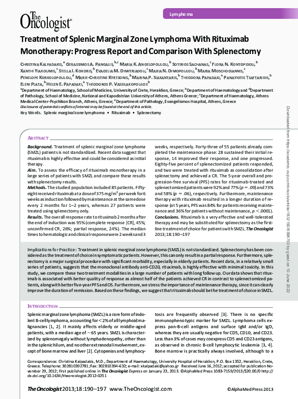 (PDF) Treatment of Splenic Marginal Zone Lymphoma With Rituximab ...