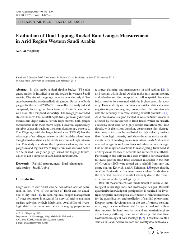 (PDF) Evaluation of Dual Tipping-Bucket Rain Gauges Measurement in Arid ...
