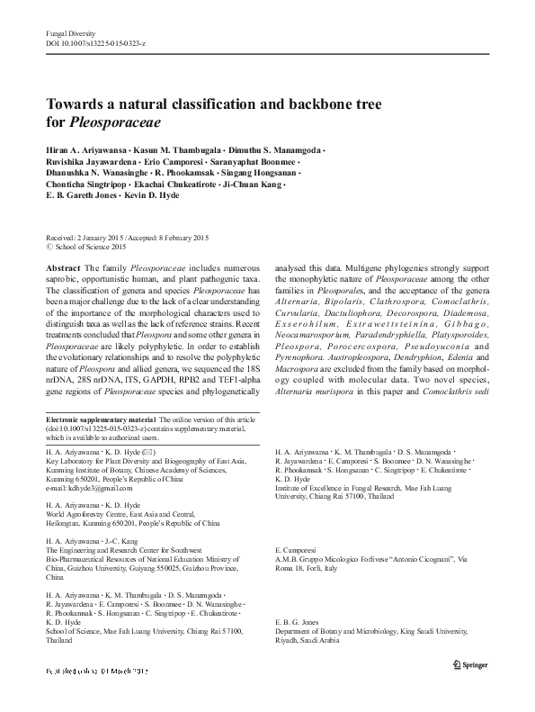 (PDF) Towards a natural classification and backbone tree for Pleosporaceae