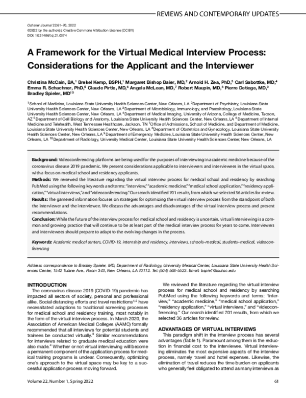 (PDF) A Framework for the Virtual Medical Interview Process: Considerations for the Applicant ...