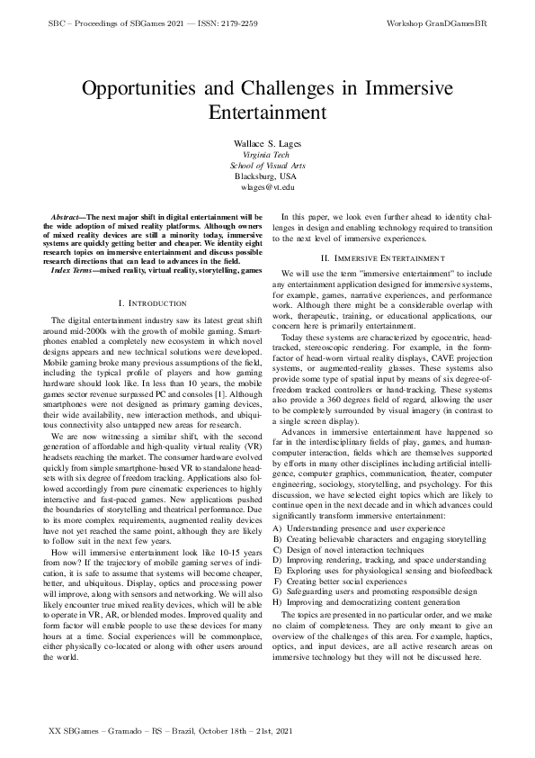 (PDF) Opportunities and Challenges in Immersive Entertainment