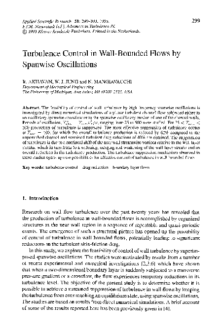 (PDF) Turbulence control in wall-bounded flows by spanwise oscillations