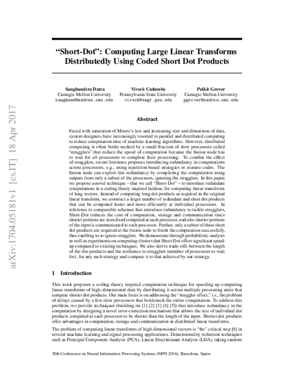 Pdf Short Dot Computing Large Linear Transforms Distributedly Using Coded Short Dot Products