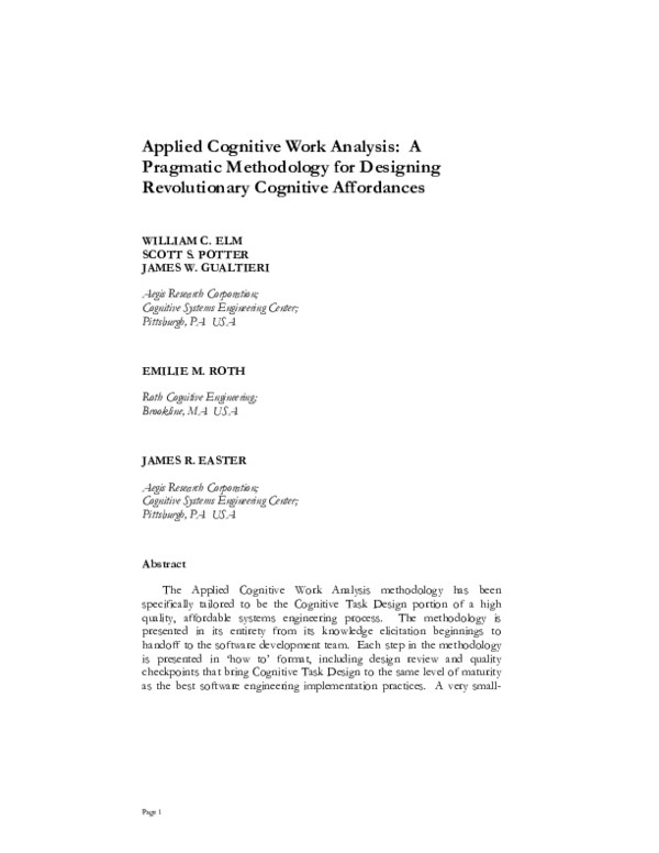 (PDF) Applied cognitive work analysis: A pragmatic methodology for ...