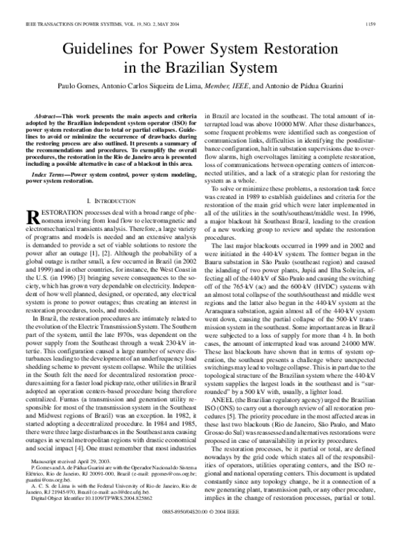 (PDF) Guidelines for Power System Restoration in the Brazilian System