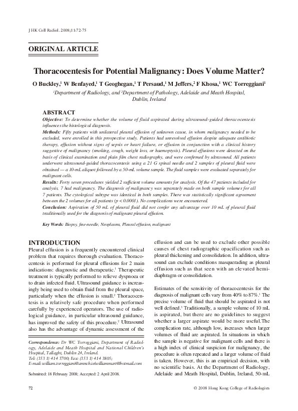 (PDF) Thoracocentesis for Potential Malignancy: Does Volume Matter?