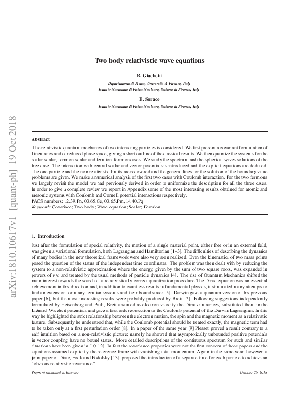 (PDF) Two body relativistic wave equations