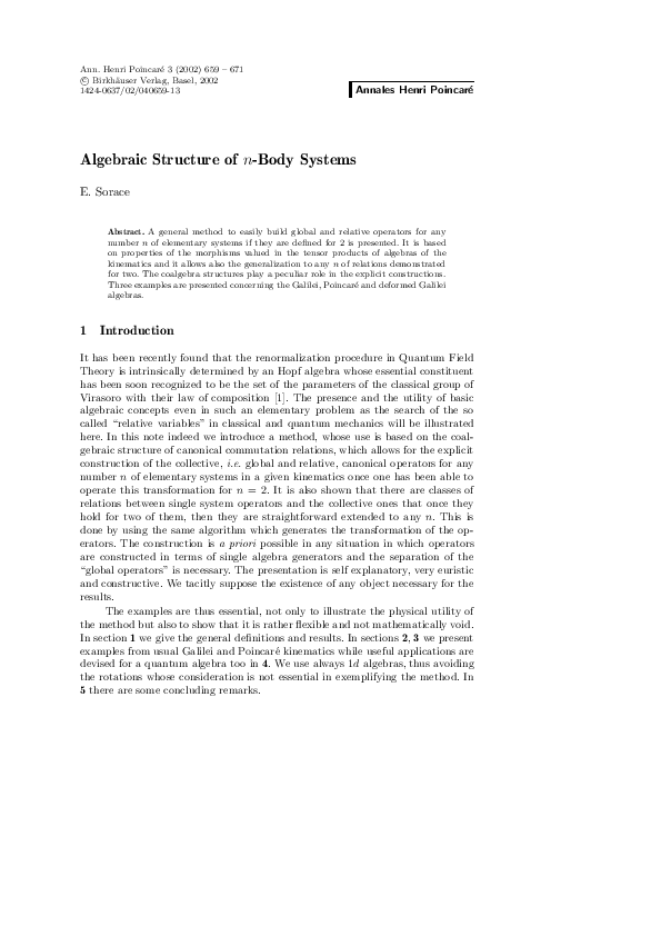 (PDF) Algebraic Structure of n-Body Systems
