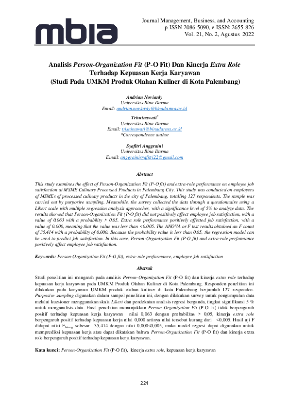 (PDF) Analisis Person-Organization Fit (P-O Fit) Dan Kinerja Extra Role ...