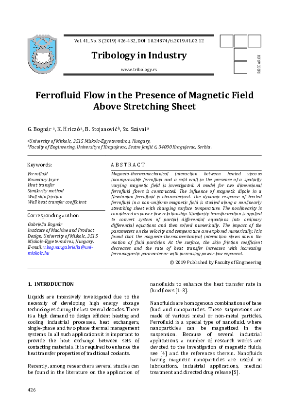 (PDF) Ferrofluid Flow in the Presence of Magnetic Field Above Stretching Sheet | Szabolcs Szávai ...