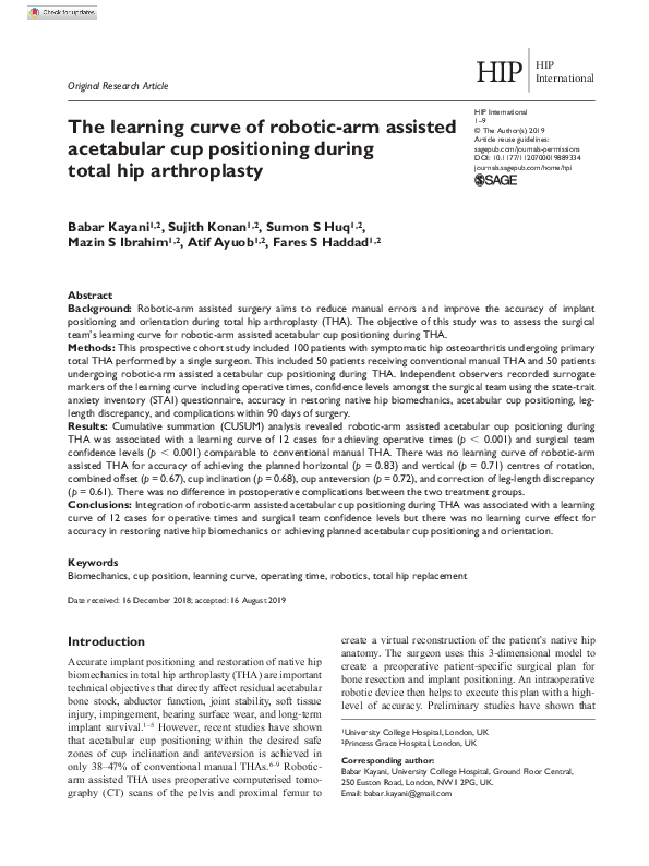 (PDF) The learning curve of robotic-arm assisted acetabular cup positioning during total hip ...