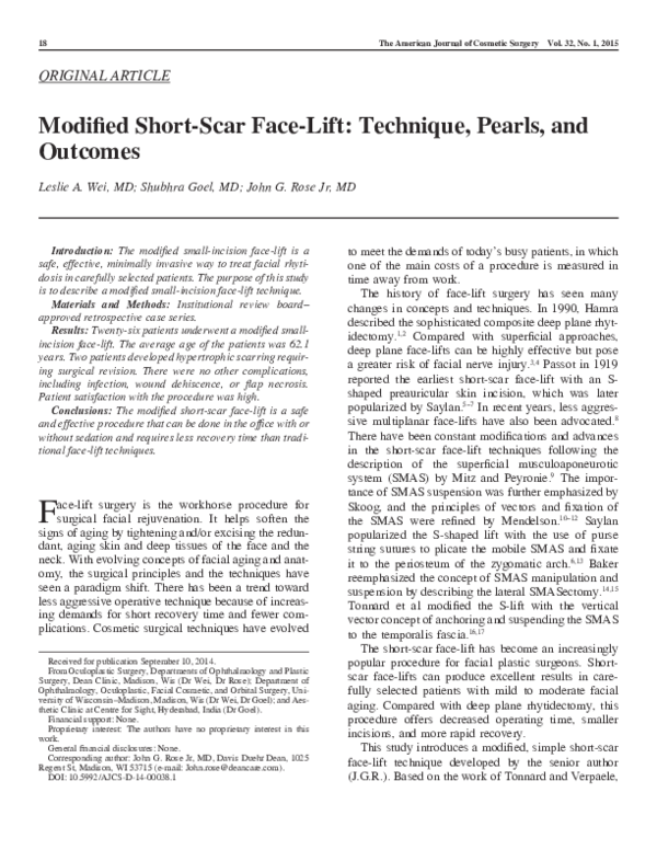 (PDF) Modified Short-Scar Face-Lift: Technique, Pearls, and Outcomes
