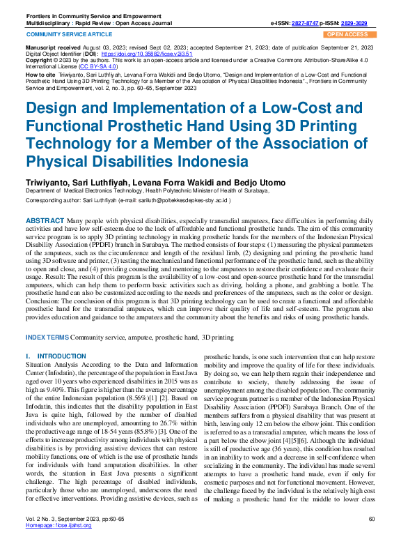 (PDF) Design and Implementation of a Low-Cost and Functional Prosthetic Hand Using 3D Printing ...