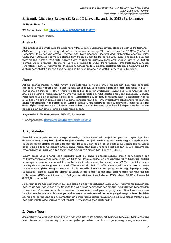 (PDF) Sistematic Literature Review (SLR) And Biomectrik Analysis: SMEs Performance