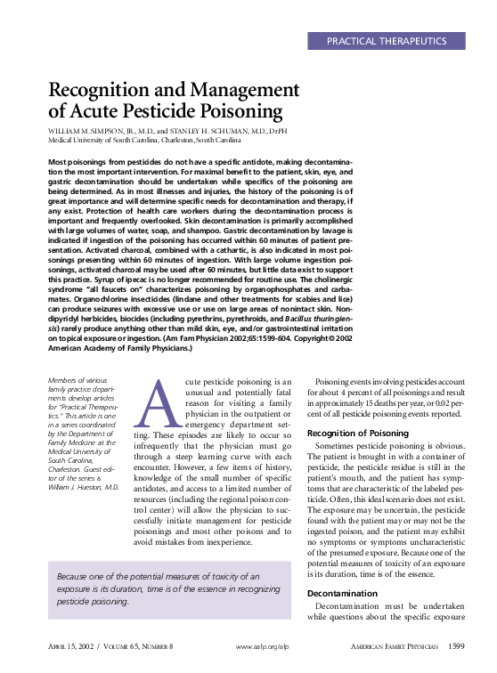 (PDF) Recognition and management of acute pesticide poisoning