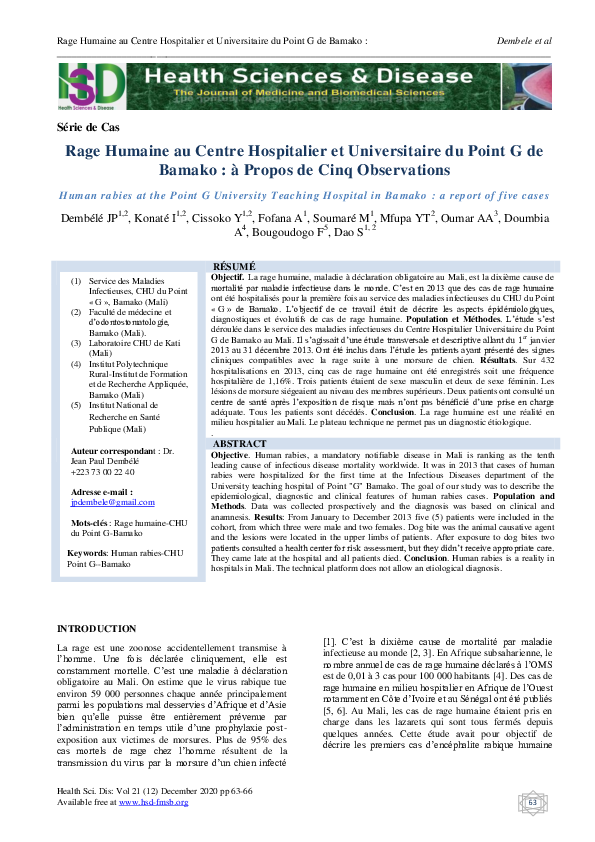 (PDF) Rage Humaine au Centre Hospitalier et Universitaire du Point G de ...