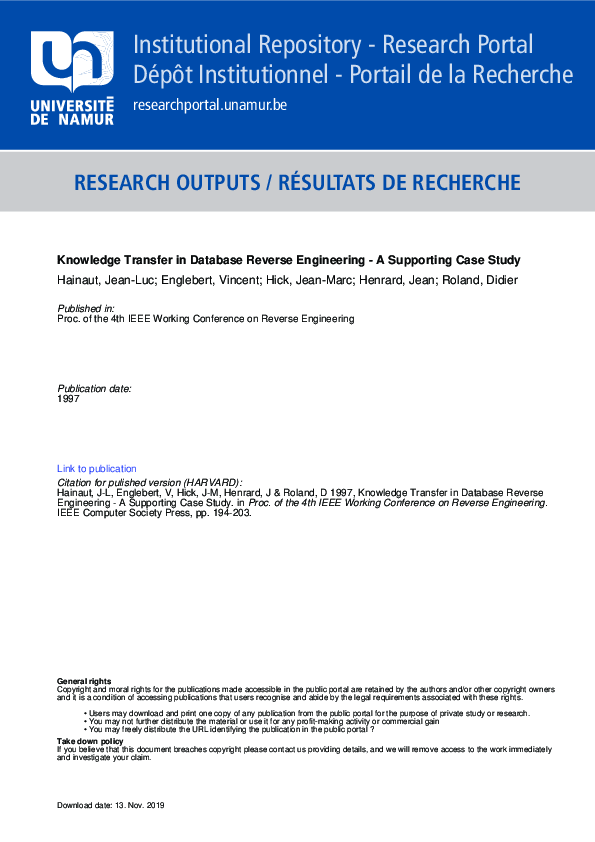(PDF) Knowledge transfer in database reverse engineering: a supporting case study