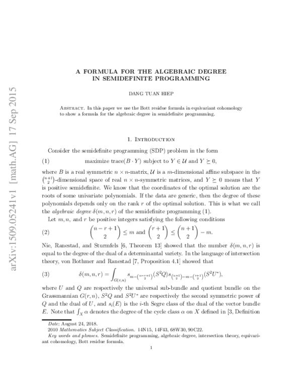 (PDF) A formula for the algebraic degree in semidefinite programming | Dang Tuan Hiep - Academia.edu