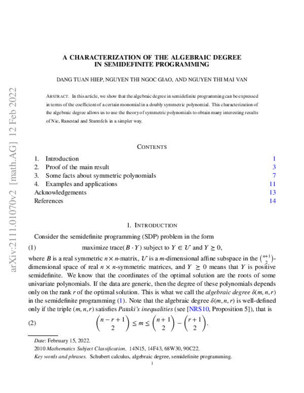 (PDF) A characterization of the algebraic degree in semidefinite programming