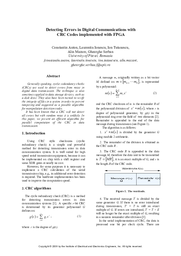 (PDF) Detecting errors in digital communications with CRC codes implemented with FPGA