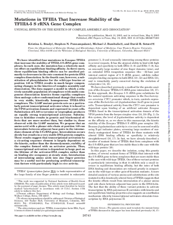 (PDF) Mutations in TFIIIA That Increase Stability of the TFIIIA-5 S ...