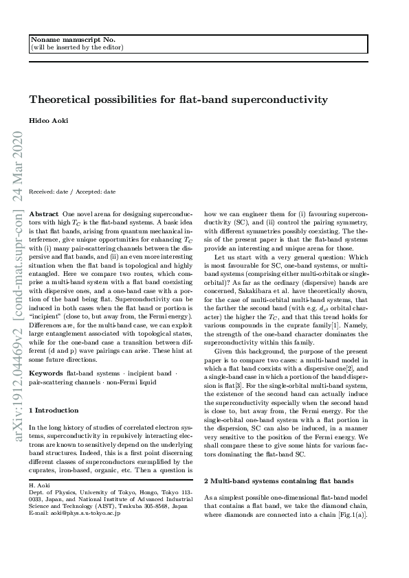 (PDF) Theoretical Possibilities for Flat Band Superconductivity | Hideo ...