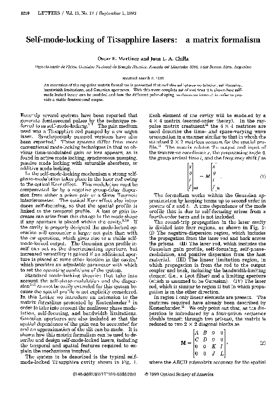 (PDF) Self-mode-locking of Ti:sapphire lasers: a matrix formalism