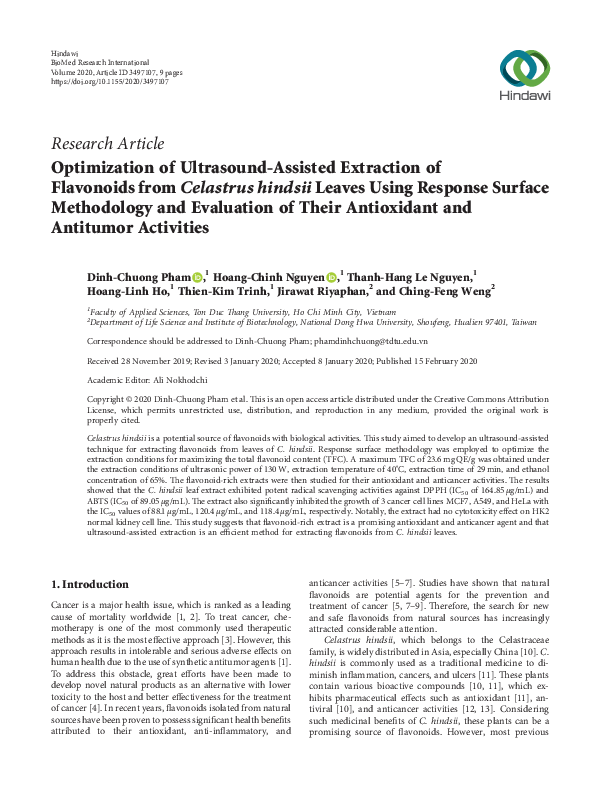 (PDF) Optimization of Ultrasound-Assisted Extraction of Flavonoids from Celastrus hindsii Leaves ...