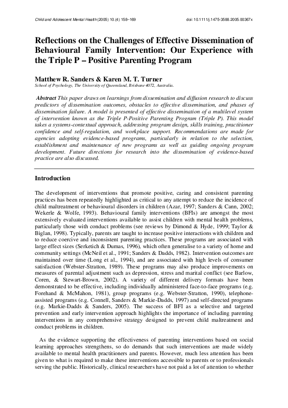 (PDF) Effective Dissemination of the Triple P Parenting Program