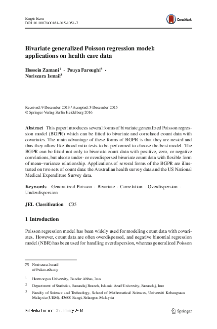 (PDF) Bivariate generalized Poisson regression model: applications on ...