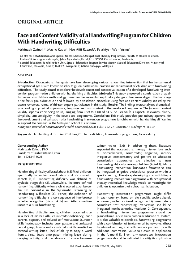 (PDF) Face and Content Validity of a Handwriting Program for Children With Handwriting Difficulties