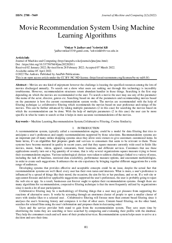 (PDF) Movie Recommendation System Using Machine Learning Algorithms