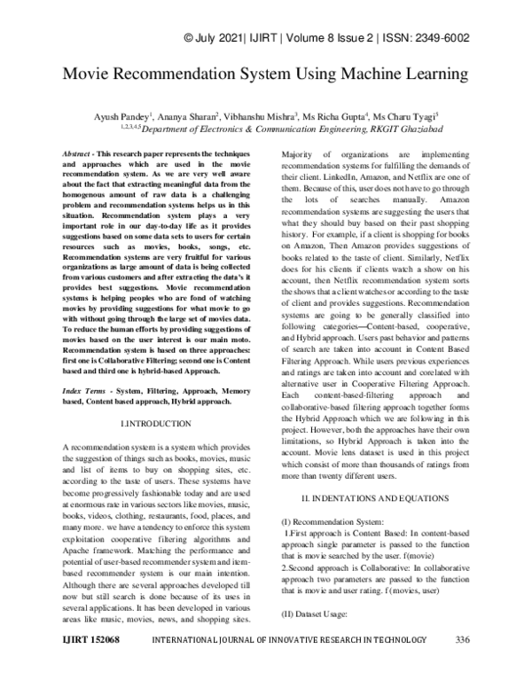 (PDF) Movie Recommendation System Using Machine Learning