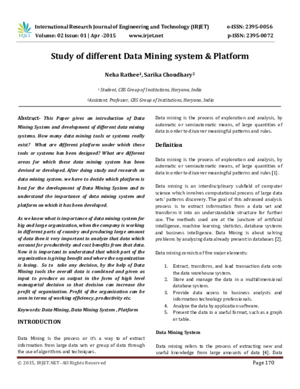 (PDF) Evaluation of Data Mining Systems and Platforms