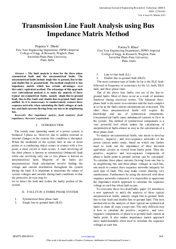 (PDF) Transmission Line Fault Analysis using Bus Impedance Matrix Method
