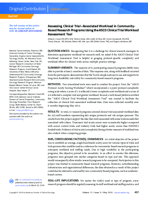 (PDF) ReCAP: Assessing Clinical Trial-Associated Workload in Community-Based Research Programs ...