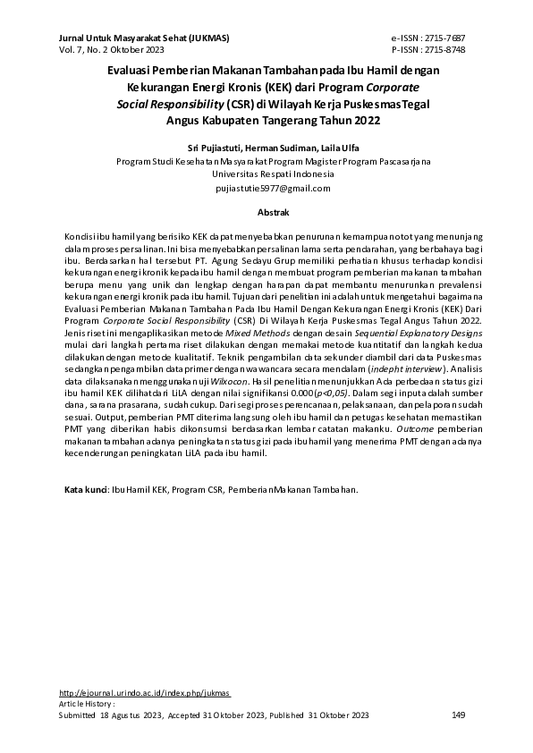 (PDF) Evaluasi Pemberian Makanan Tambahan pada Ibu Hamil dengan ...